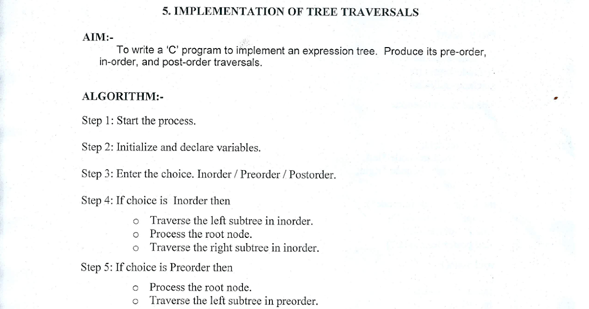 Experiment No 5 Implementation Of Tree Traversals Data Structure And Algorithm Lab Manual