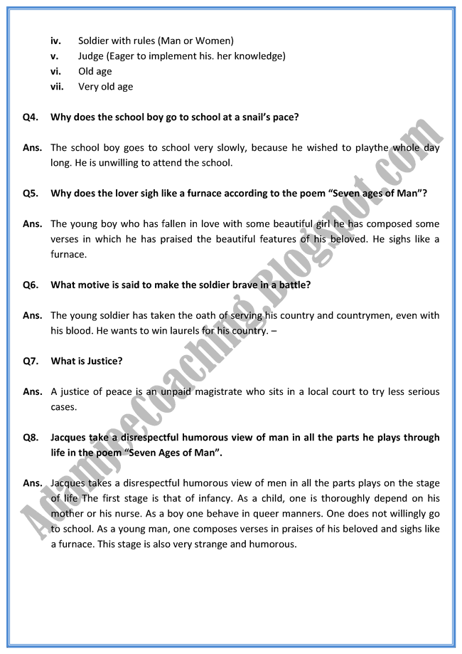Adamjee Coaching: English XII - [The Seven Ages of Man] - Question ...