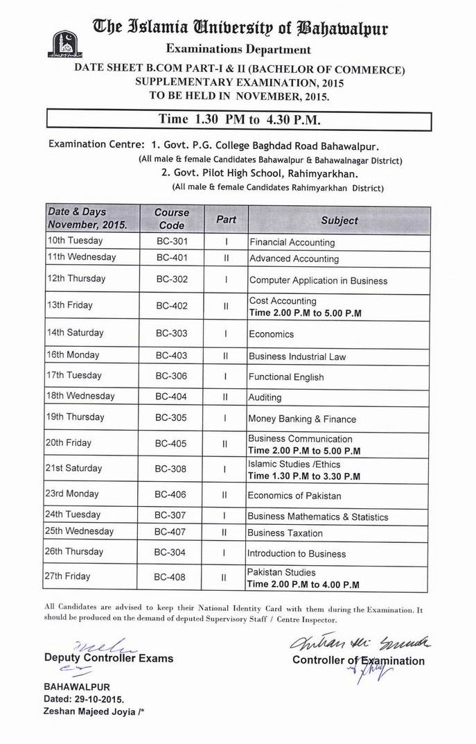 Date Sheet of B.Com (Bachelor of Commerce) Part First (Part-I) and Part ...
