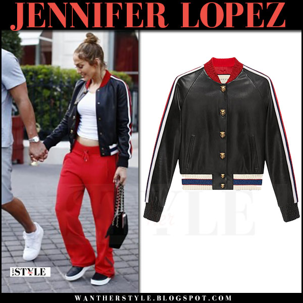 Jennifer Lopez in black leather bomber jacket and red sweatpants in ...