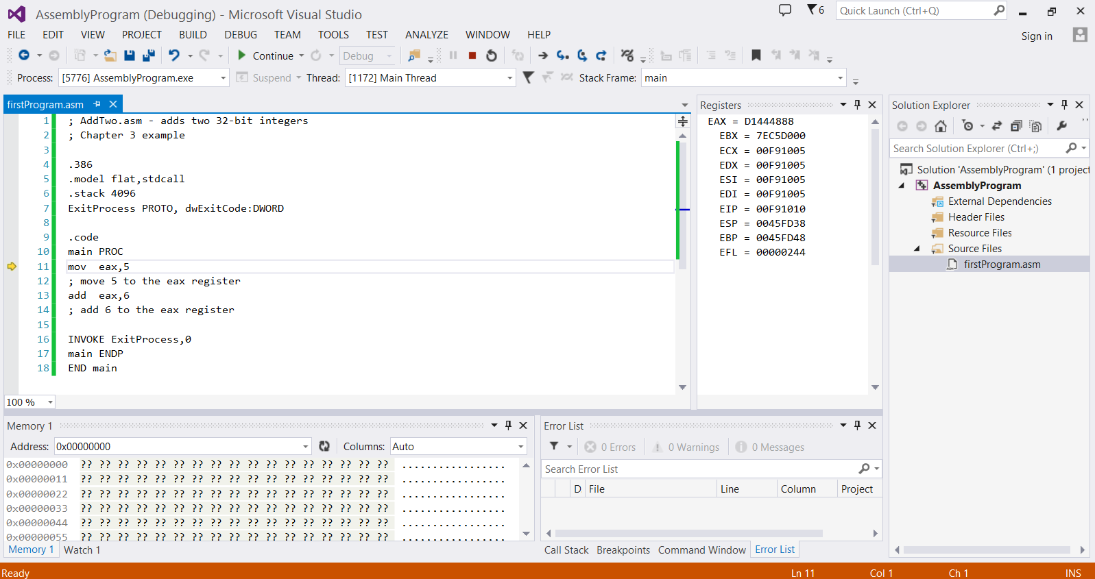 Run your first program in Assembly Language using Visual Studio
