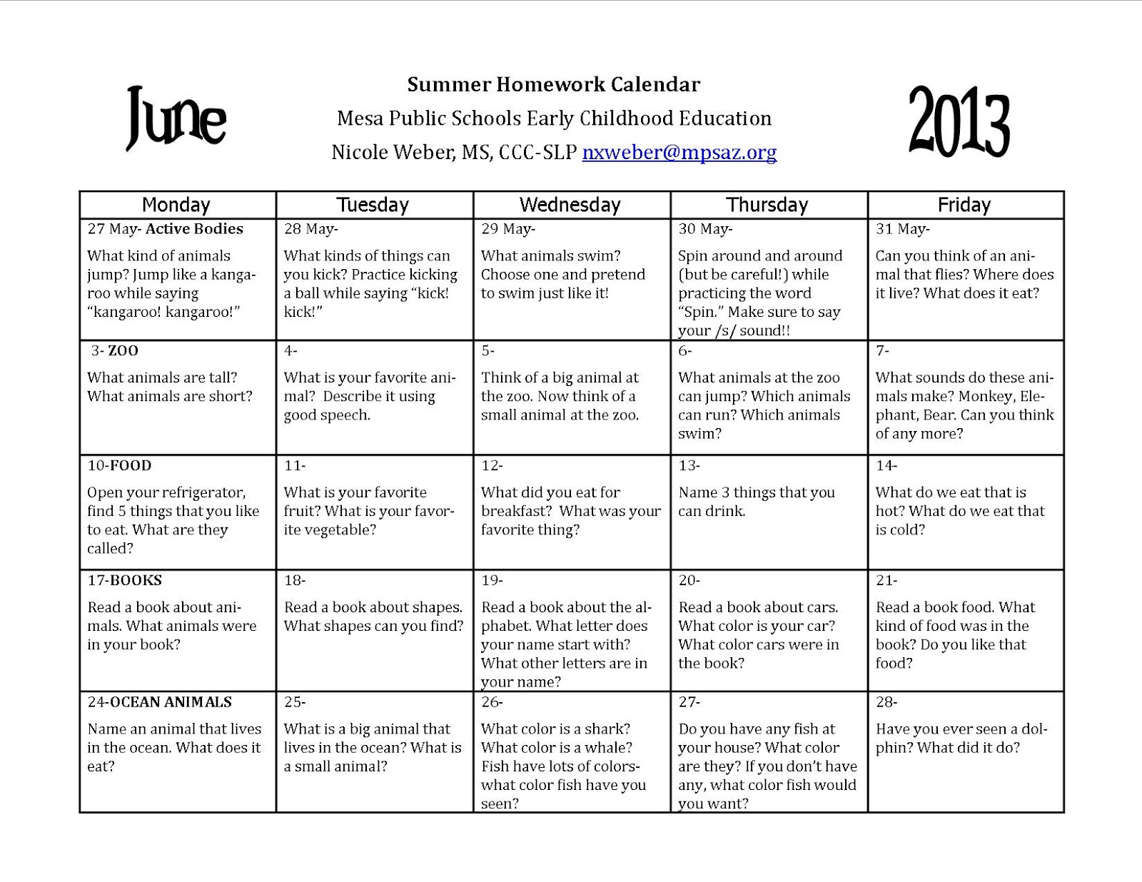 Speech Therapy with Miss Nicole: Summer 2013 Homework Calendars ...
