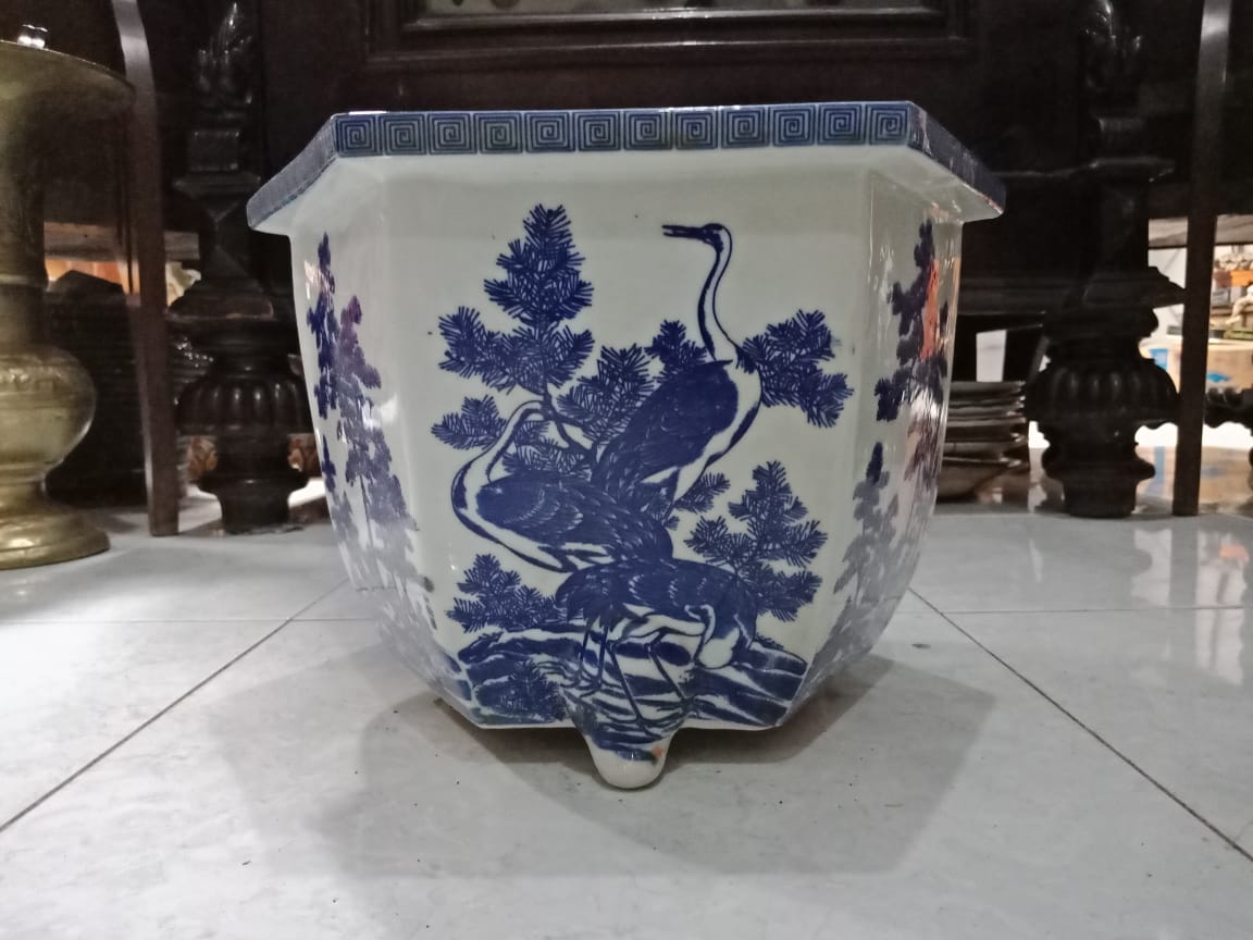 art shop abu malang: pot bunga keramik jepang biru putih sablon