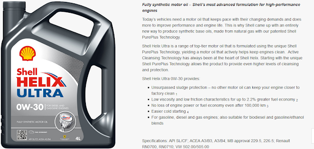 Spesifikasi oli Shell Helix Ultra 0W-30 - Teknik Otomotif