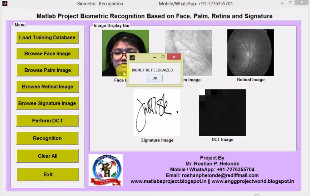 Matlab Project For Biometric Recognition Using Face Palm Retina And Signature Using Matlab
