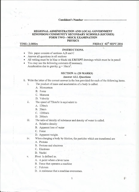 FORM TWO STUDY NOTES & PAST PAPERS BLOG: PHYSICS FORM TWO -- MOCK ...