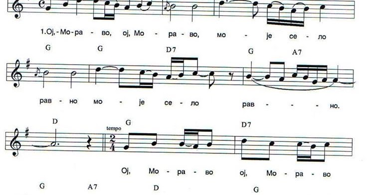 NOTE | DOMACE I STRANE: OJ MORAVO MOJE SELO RAVNO NOTE AKORDI TEKST