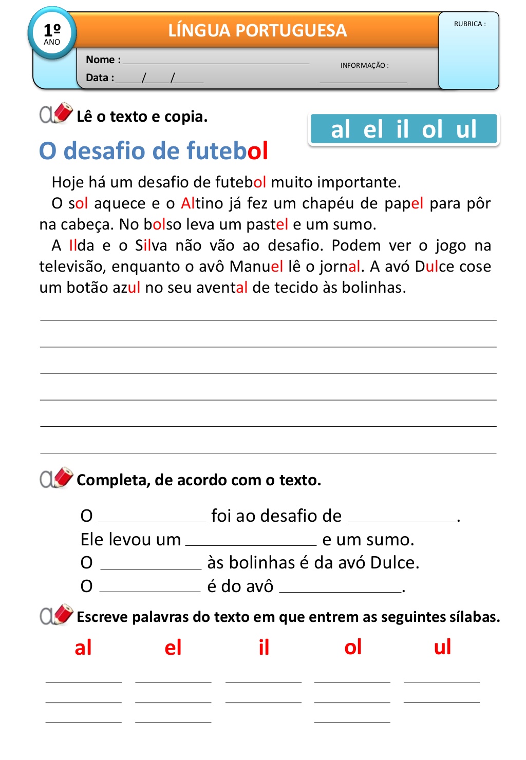 PALAVRAS COM AL EL IL OL UL ATIVIDADES.