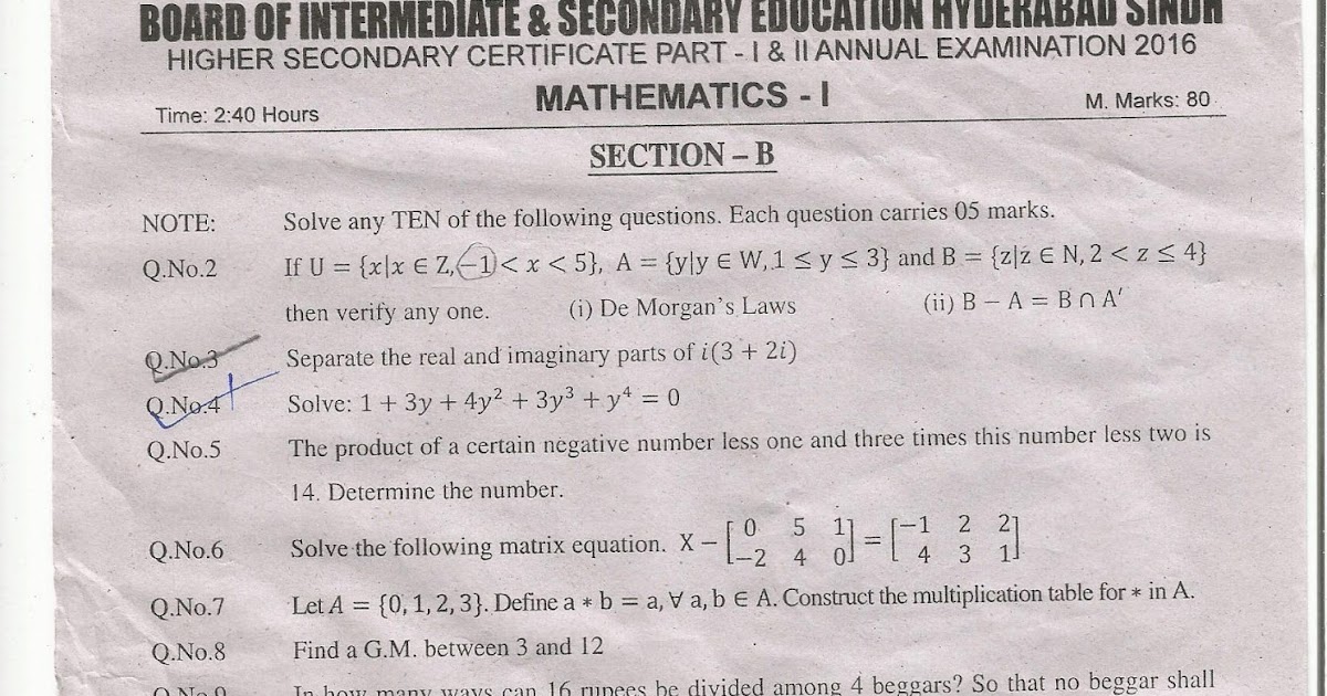1st Year Math 2016 - BISEH PAST PAPERS