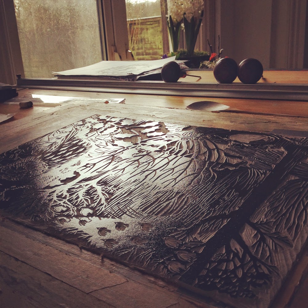 purple podded peas: Winter Evening in Bull's Wood - linocut and cards