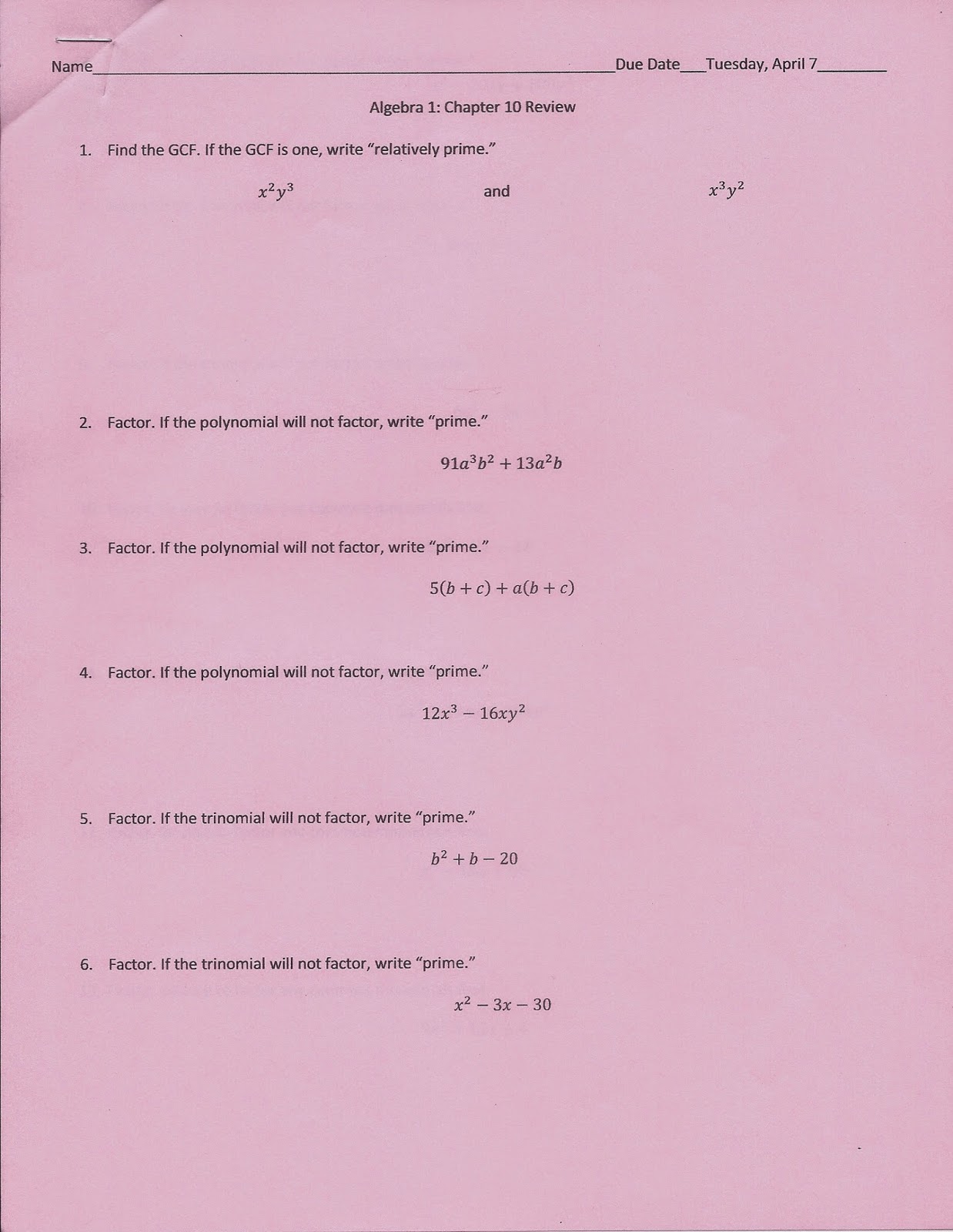 Algebra Alerts (Algebra 1 and 2): Alg 1: Chapter 10 Review (Tues, 3/31)