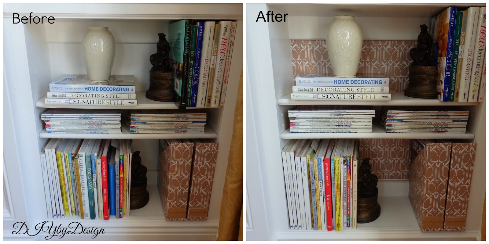 DIY by Design: Easy Update - Wallpapering the Back of a Bookcase