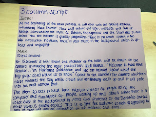 Writing out our 3 column script- Faye