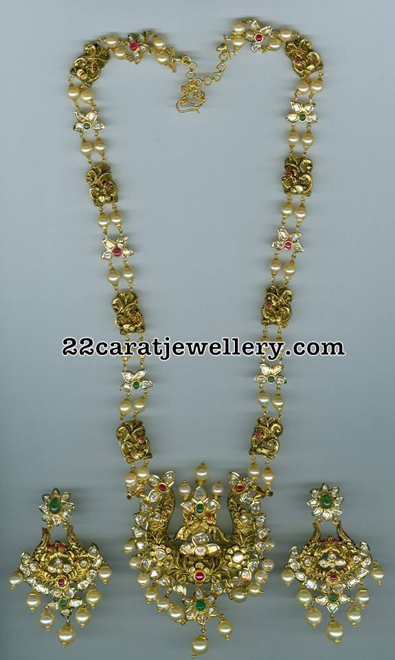 Two Layer Pearls Long Chain with Peacock - Jewellery Designs