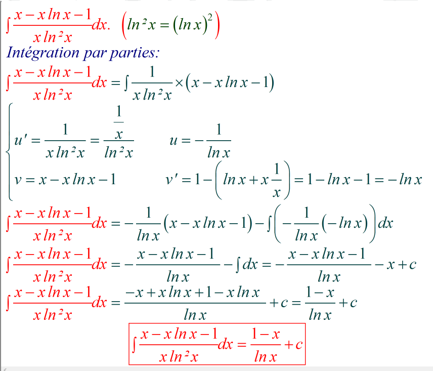 intégration par parties ( integration by parts) int((x-xlnx-1)/xln²x)