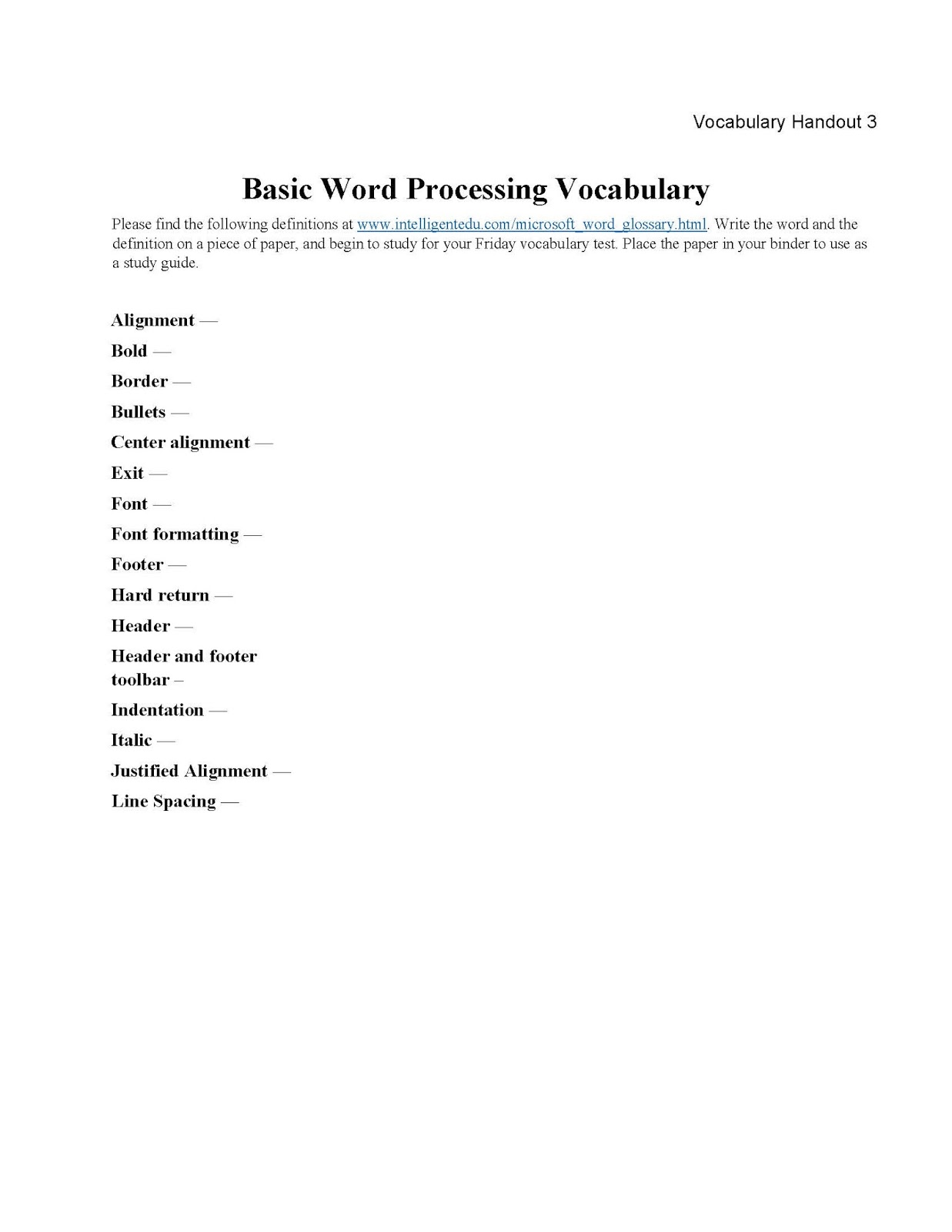 Computer Applications I: Vocabulary Assignment - Monday, August 28