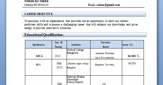 MCA Fresher Resume Format in Word Format with Headline