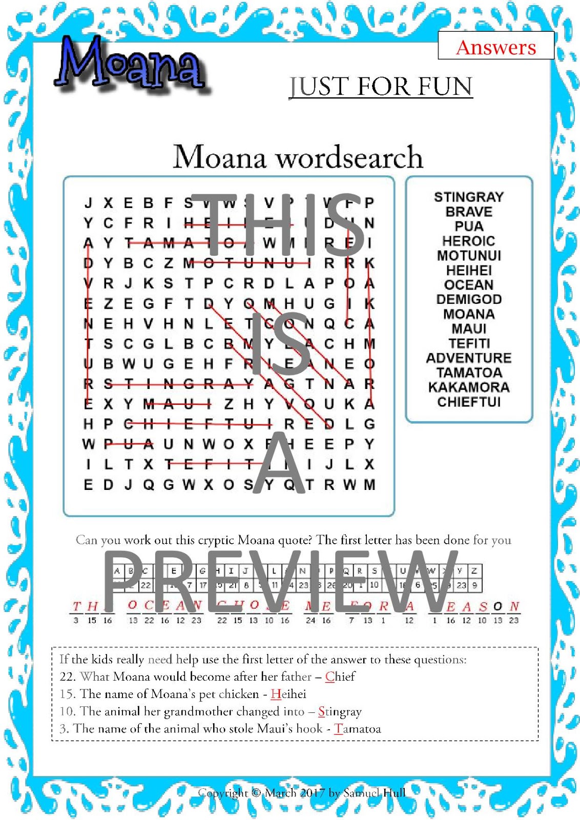 Disney's Moana (2016) - Movie Questions + Activities - Answer Key ...