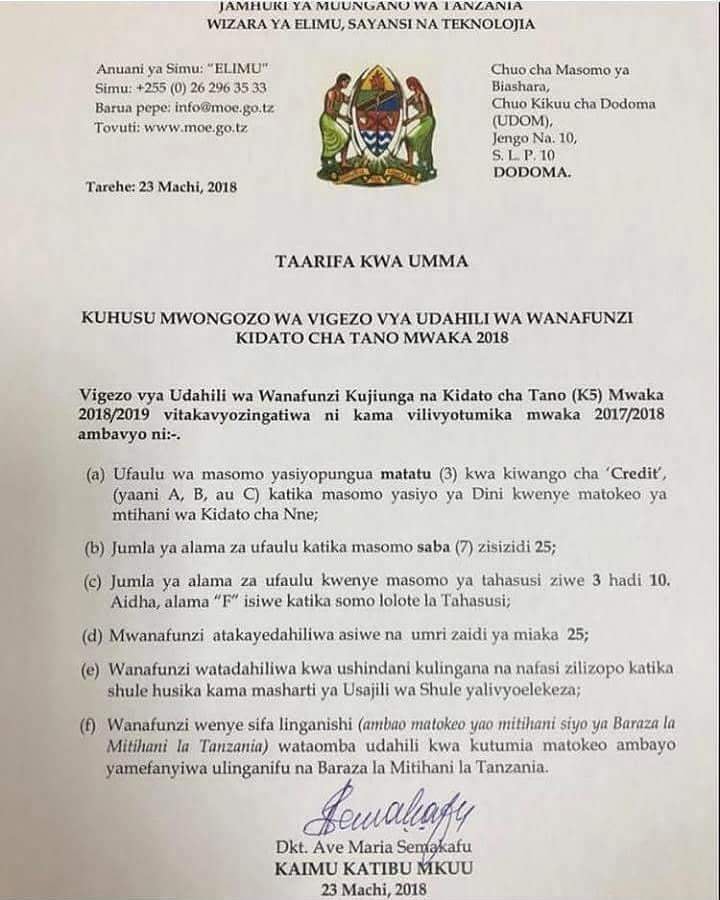 MATOKEO YA MITIHANI - Examination Results: FORM - FIVE - SELECTION ...