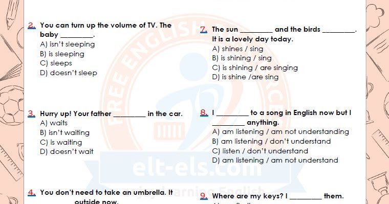 Present continuous tense multiple choice test | www.elt-els.com