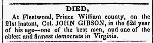 Prince William County Genealogy: Sunday's Obituary: Colonel John Gibson