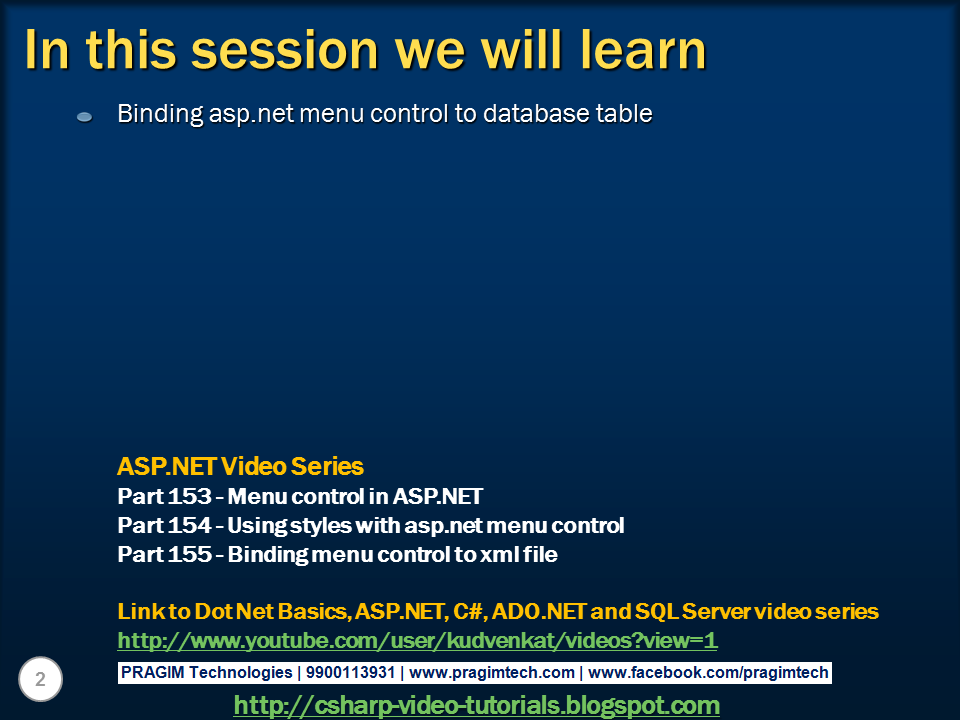 Sql server, .net and c# video tutorial: Binding asp.net menu control to database table