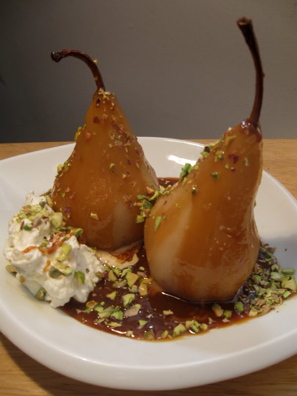 Lo-Fi Food: Poached Pears with Caramel Sauce and Chopped Pistachios
