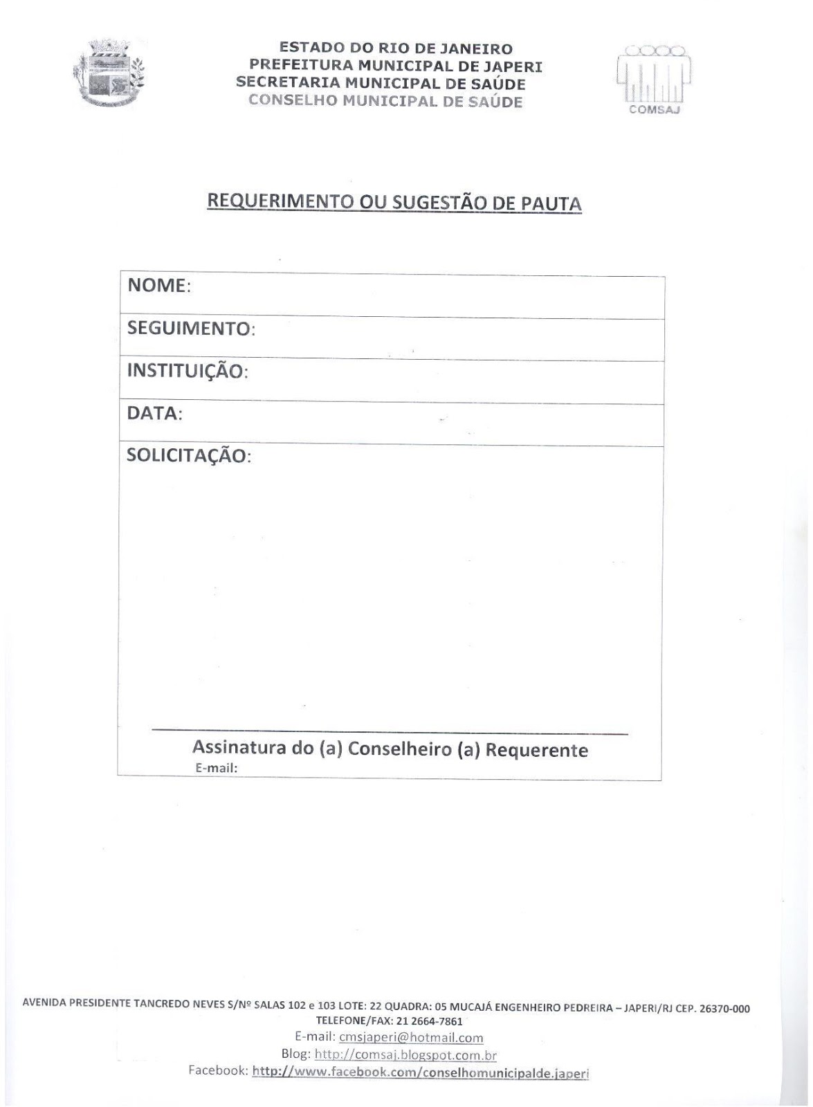 COMSAJ: Formulário de Requerimento ou Sugestão de Pauta 2013.