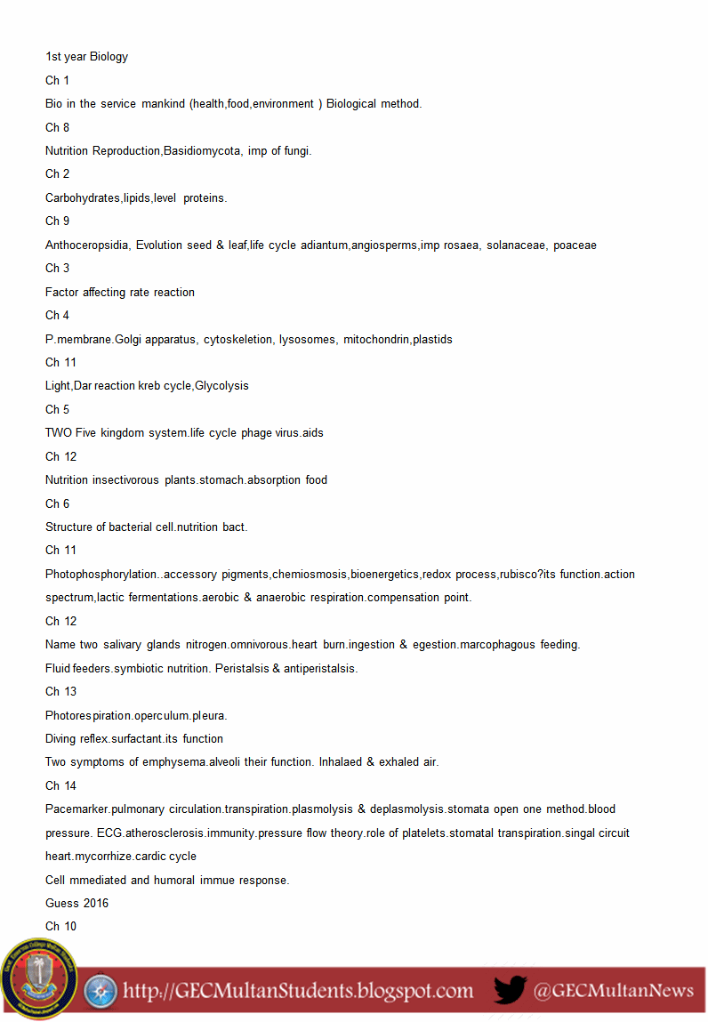 1st Year Biology Important Questions Guess Exam 2016 - Govt Emerson ...