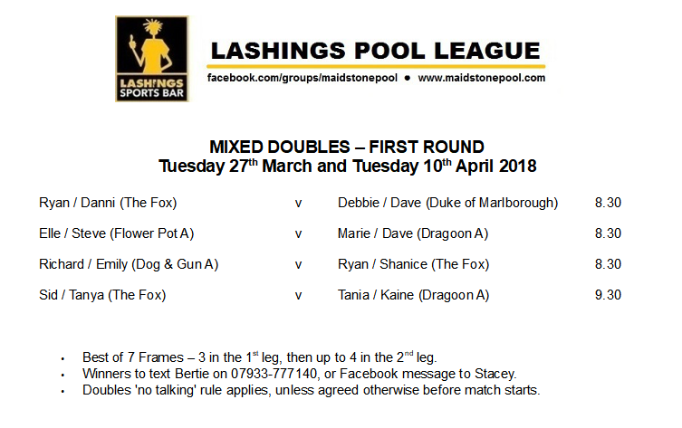 Official Lashings Pool League: Mixed Doubles - 1st Round
