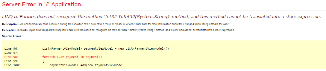 Linq To Entities Does Not Recognize The Method Int32 Toint32systemstring Method And This