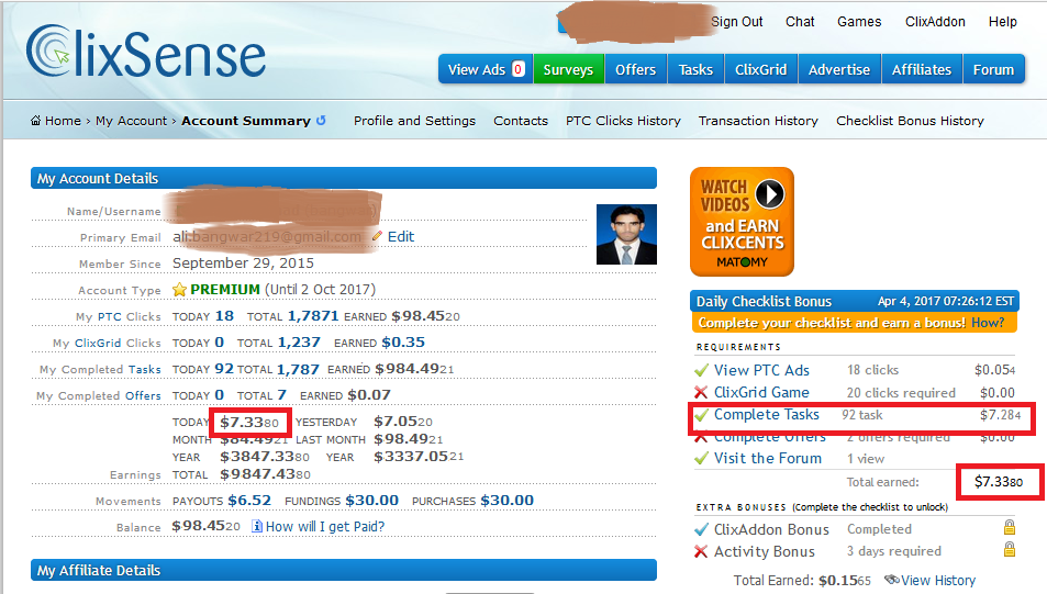 My today Earning ~ how to make money with clixsense at home