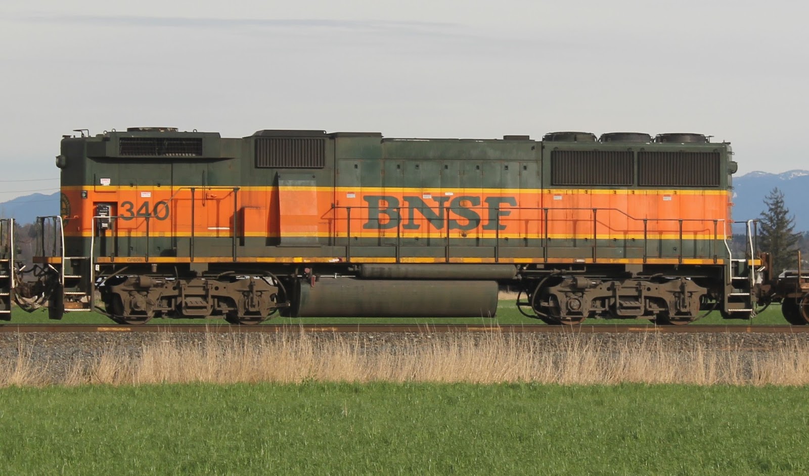 Railfan in Sumas, WA: sunny, BNSF engines 2651/GP39-3, 2291/GP38-2 and slug 340, 10:30am...10 ...