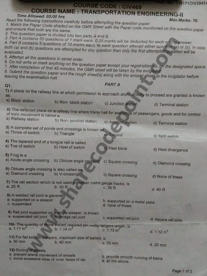 CIV469 : Transportation Engineering-II End Term Exam Question Paper ...