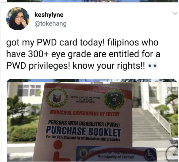 Filipinos who have 300+ eye grade are entitled for a PWD privileges ...