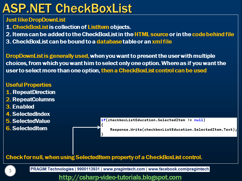 Sql server, .net and c# video tutorial: Part 23 – CheckBoxList Control
