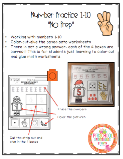 Working With Numbers 1-10 "No Prep" ~ Preschool Printables