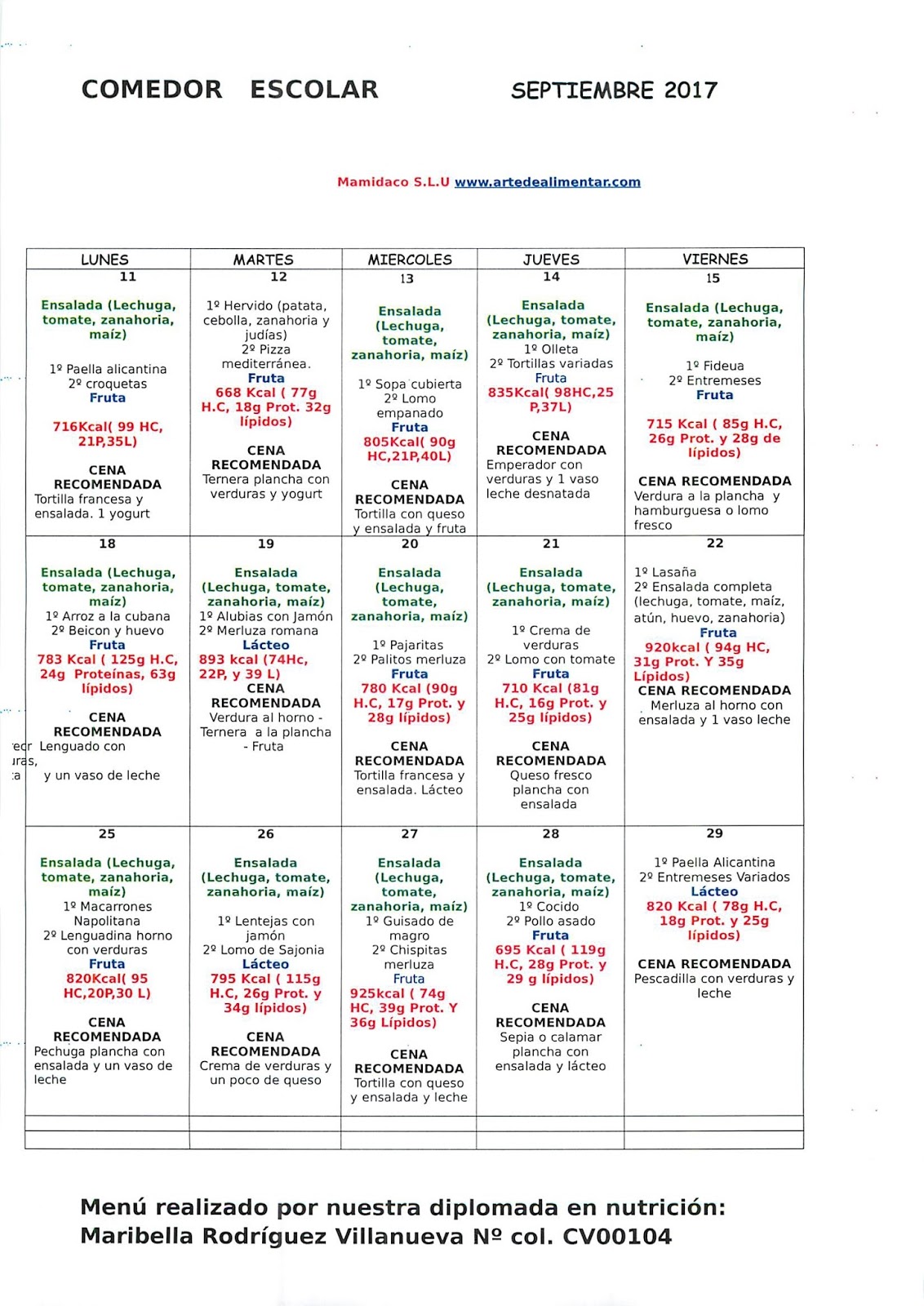 CEP PINTOR SOROLLA (ELDA): COMUNICADO COMEDOR (MENU MES DE SEPTIEMBRE)