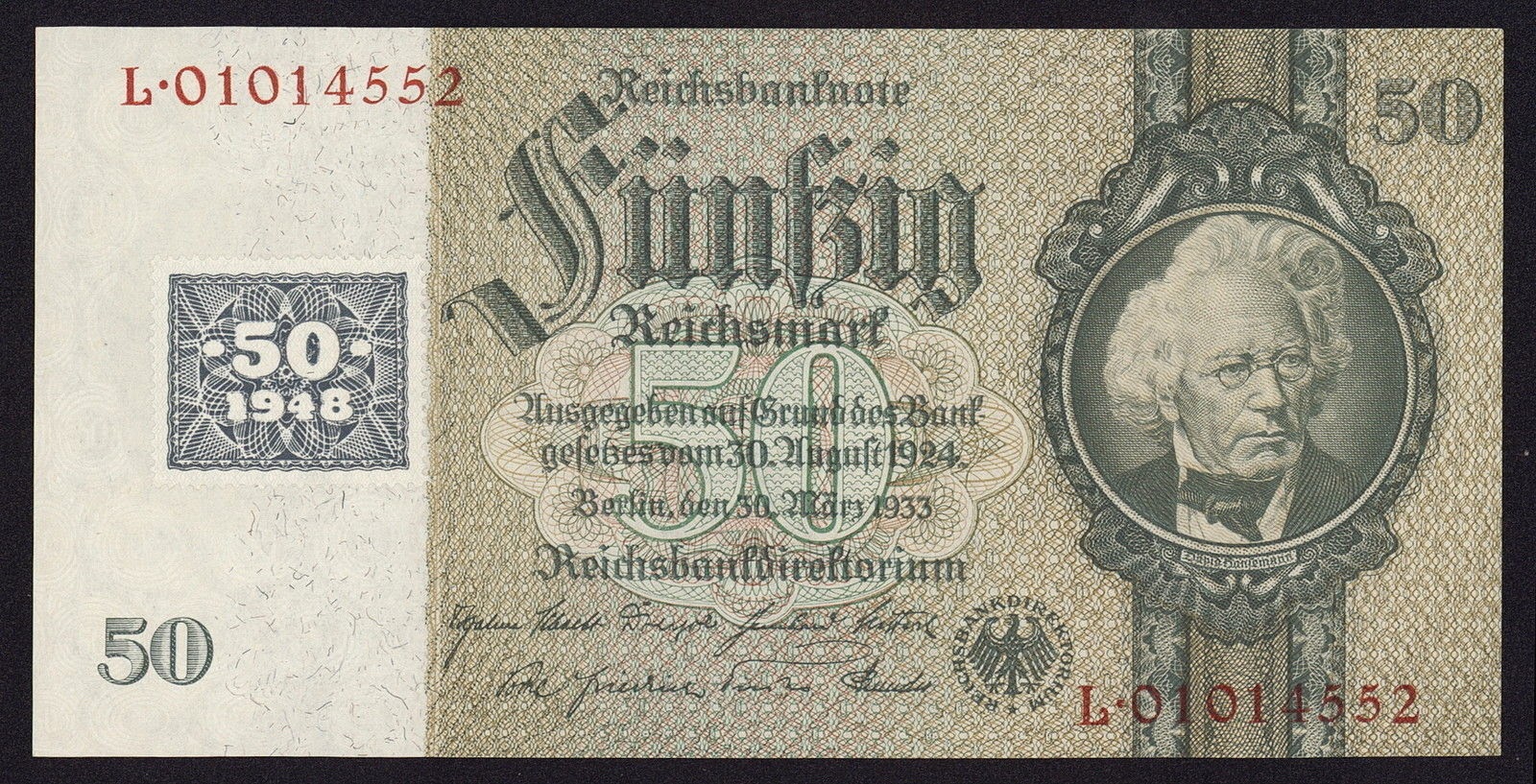 Germany 50 Reichsmark banknote 1933 David Hansemann 1948 DDR stamp ... Germany 50 Reichsmark banknote 1933 David Hansemann 1948 DDR stamp ...