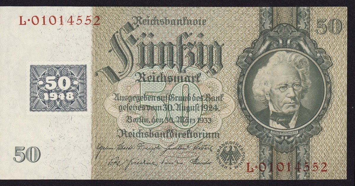 Germany 50 Reichsmark banknote 1933 David Hansemann 1948 DDR stamp ...