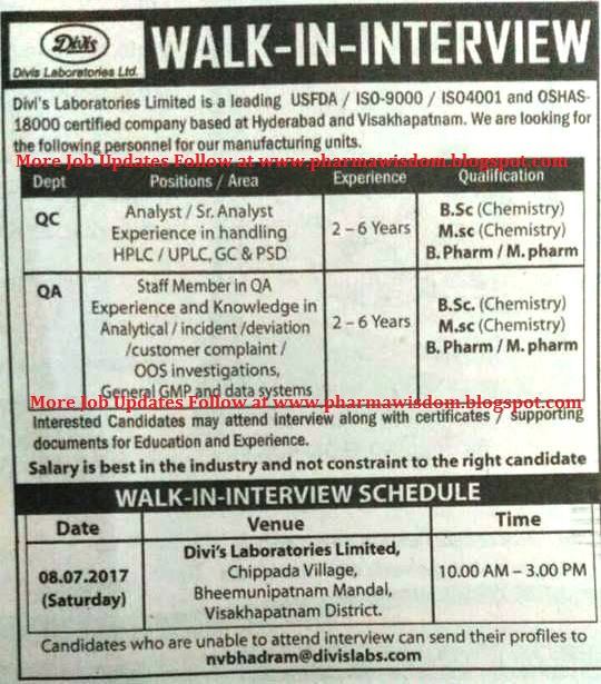 Divis Laboratories Limited - Walk-In Interviews on 8th July, 2017 ...