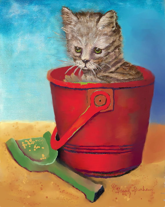 Dessie H. Durham - Oil and Still Life Art: Cat in a Bucket