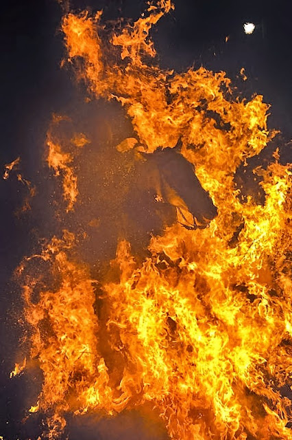 Fieggentrio: Paarden lopen door het vuur.