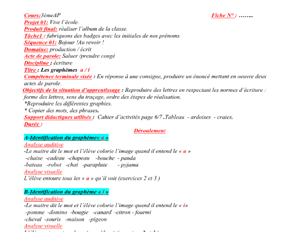 Fiche pédagogique en écriture 3AP 2 Génération