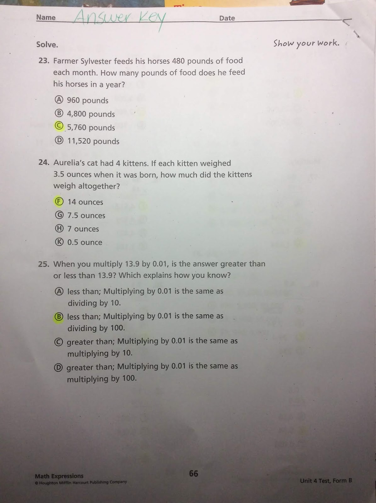 5th Grade Leonard Leopards: Unit 4 Math Practice Test Answers