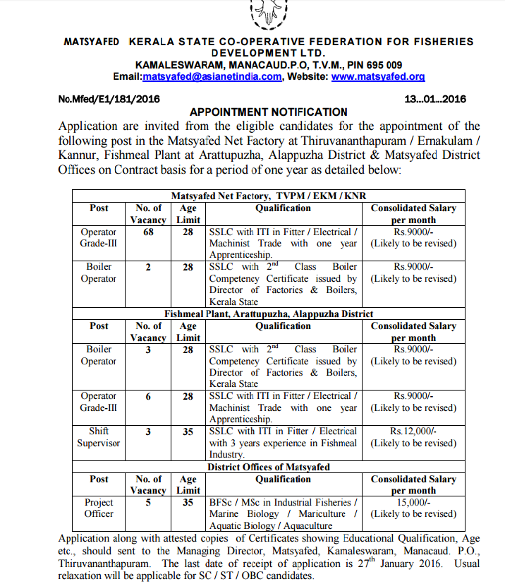 tn govt jobs: MATSYAFED KERALA STATE CO-OPERATIVE FEDERATION FOR ...