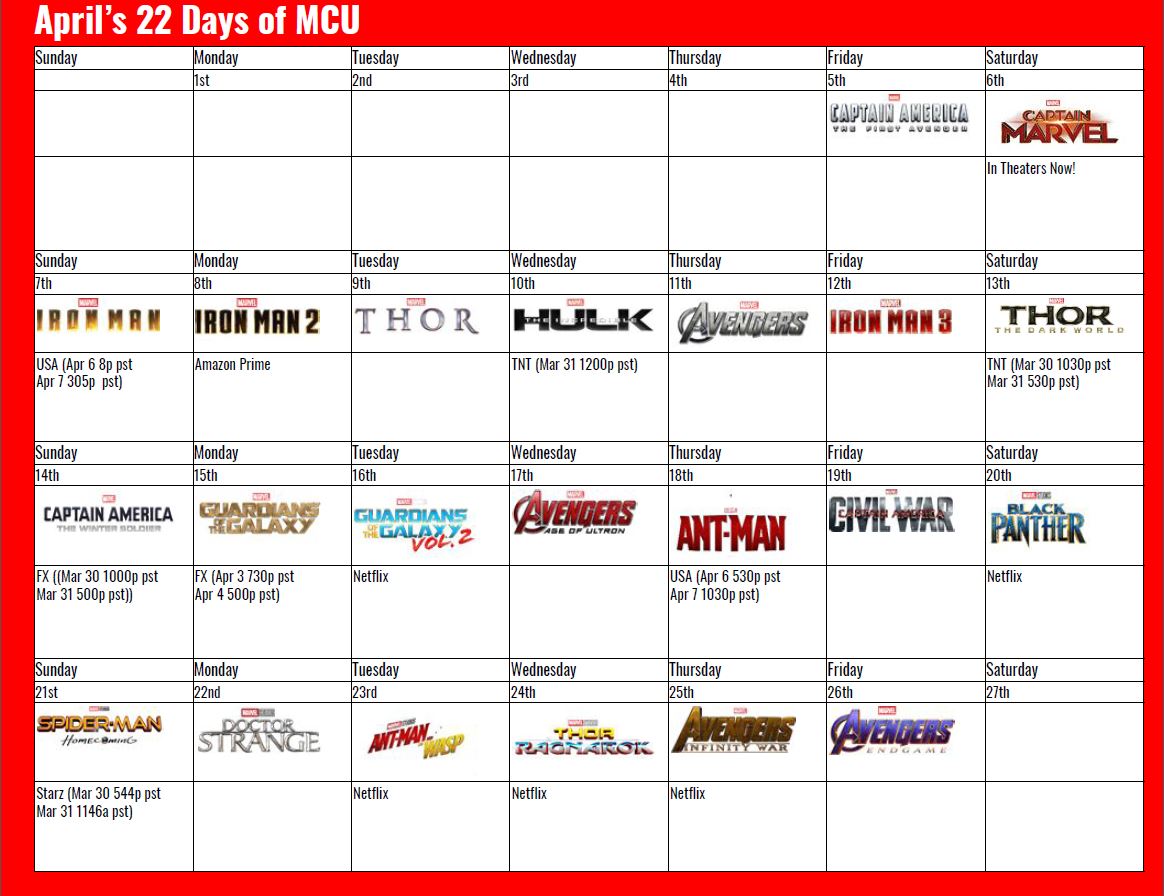 April's 22 Days of MCU Viewing Calendar (Chronological Edition) | Feast ...