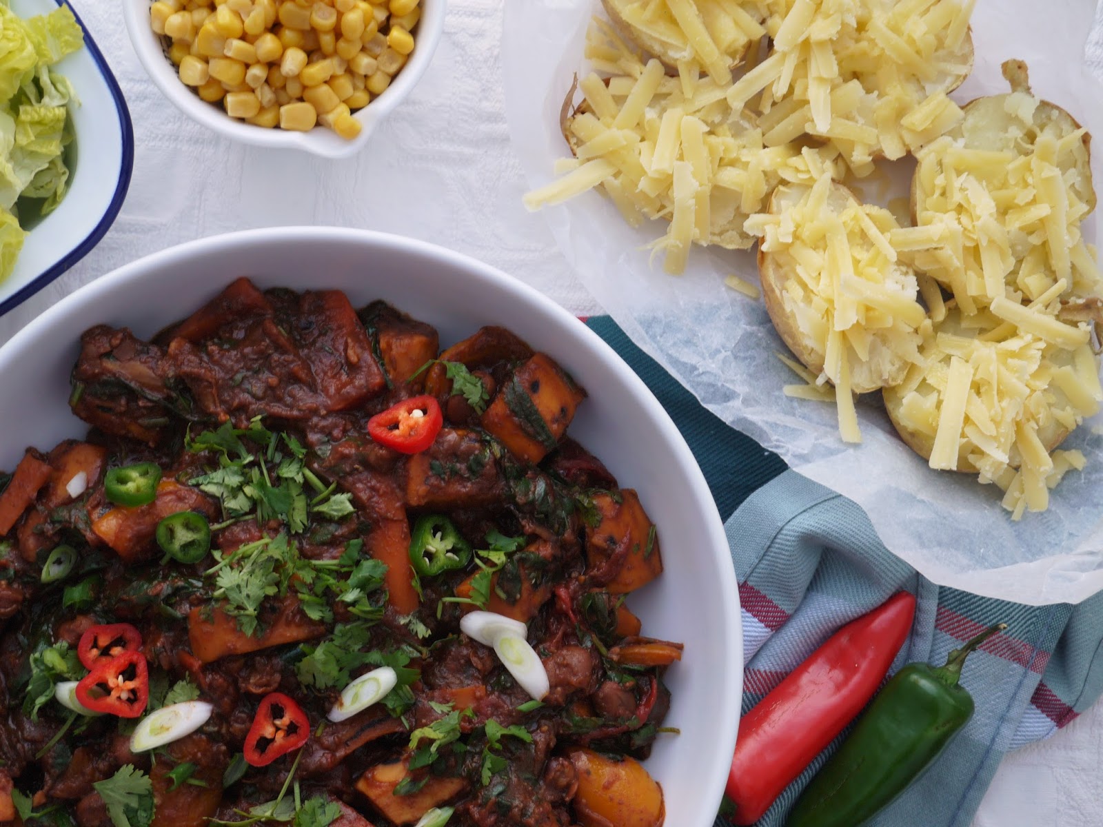 This Muslim Girl Bakes: Smoky Veggie Chilli with Cheesy Jacket Potatoes.