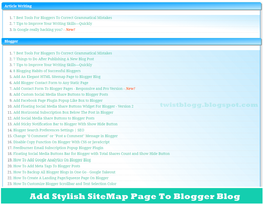 Add Stylish Sitemap Page To Blogger [Pro Version] - TwistBlogg