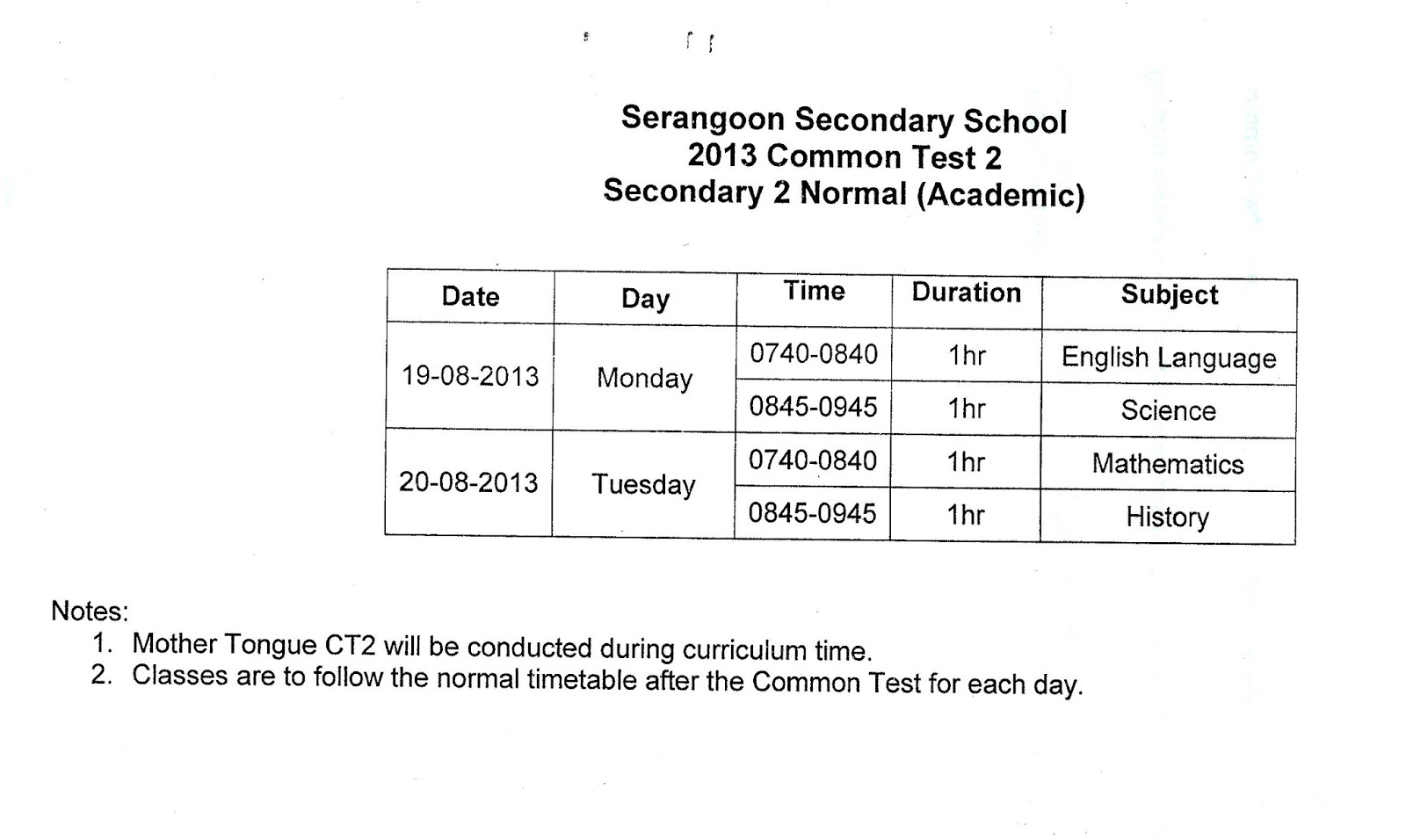 SSS2H2: CT2 schedule